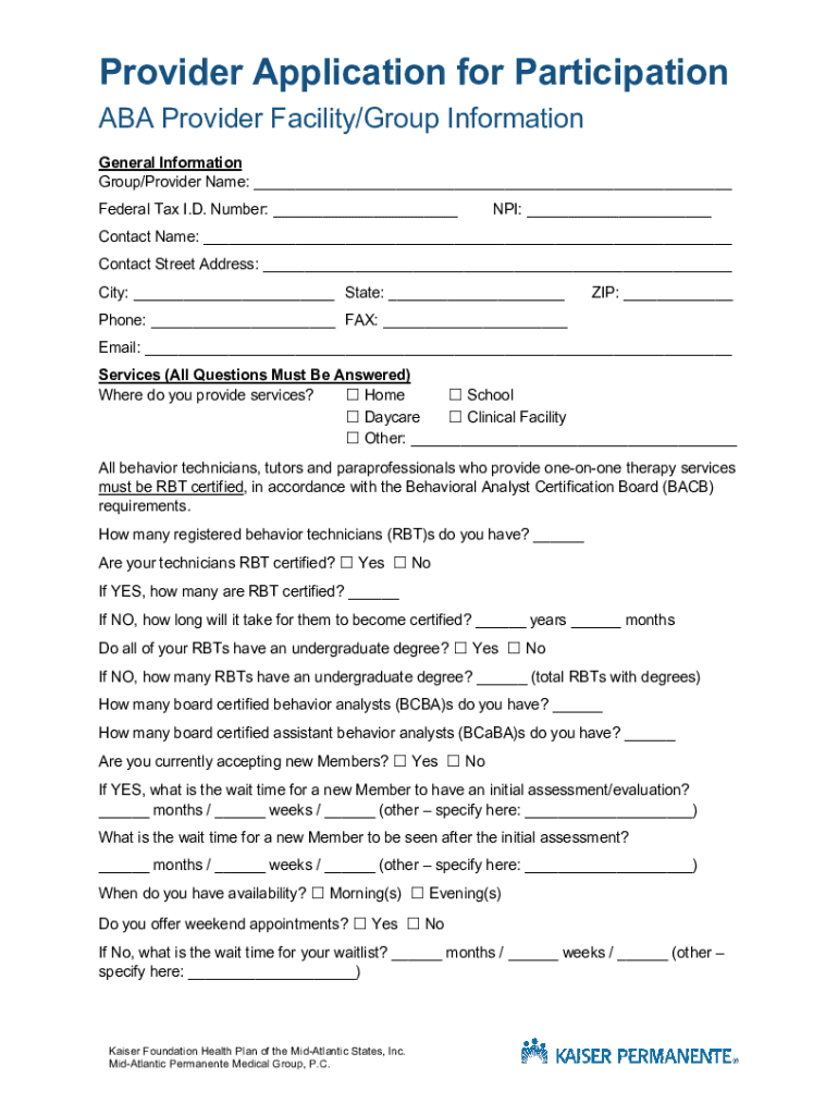 Fillable Online providers kaiserpermanente 2021-0301 Provider ApplicationABA-Facility-Group ...