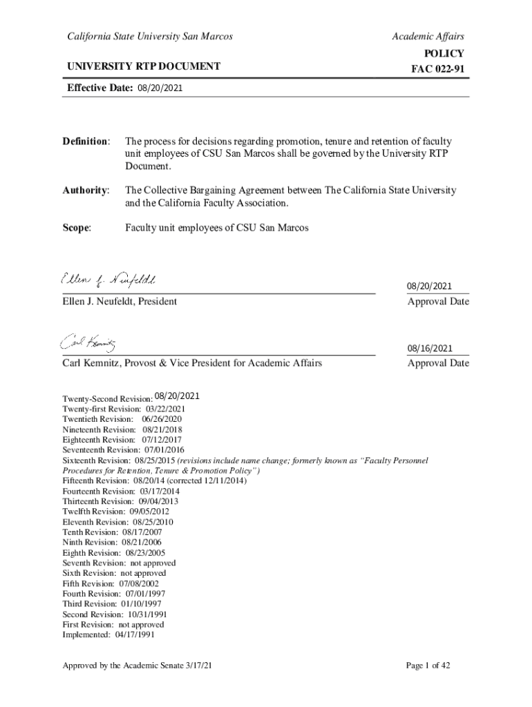 Fillable Online RETENTION, TENURE, AND PROMOTION STANDARDS - csusm.edu ...