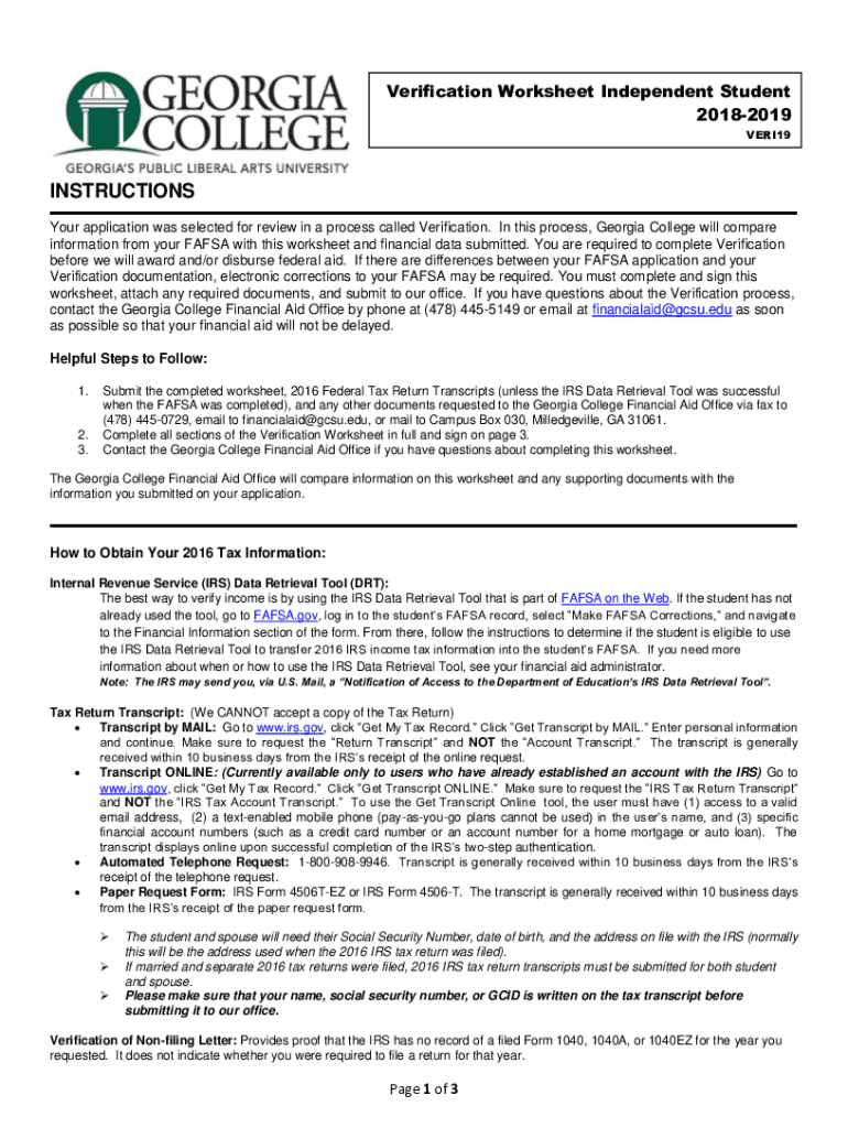 Fillable Online 2018-2019 Independent Verification Worksheet V1/V5 Step ...