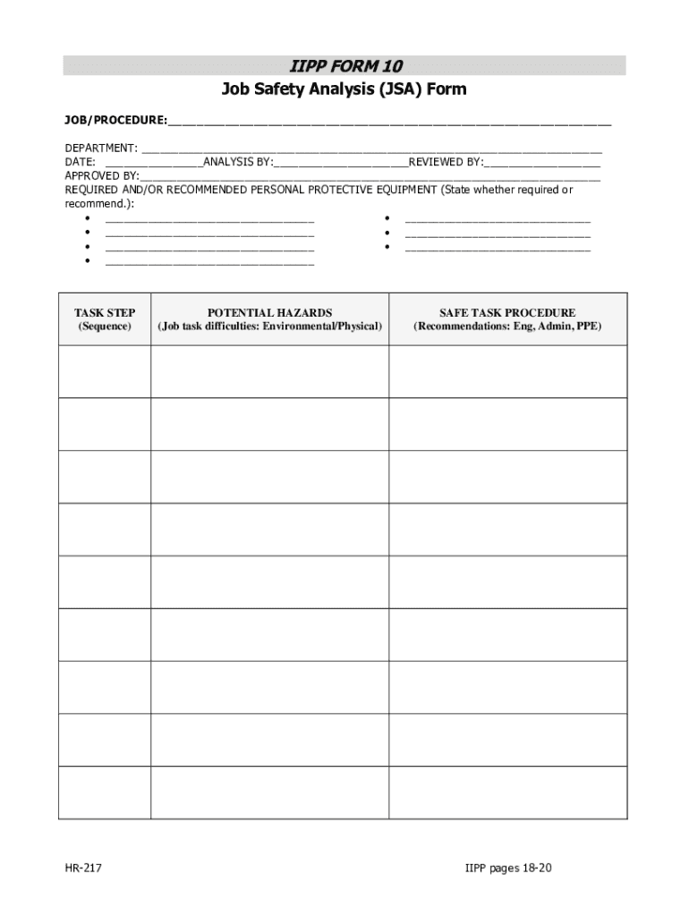 Fillable Online IIPP FORM 10 Job Safety Analysis (JSA) Form Fax Email ...