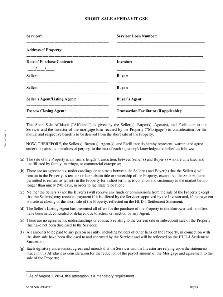 Fillable Online Short Sale Affidavit (Form): Word - Specialized Loan ...