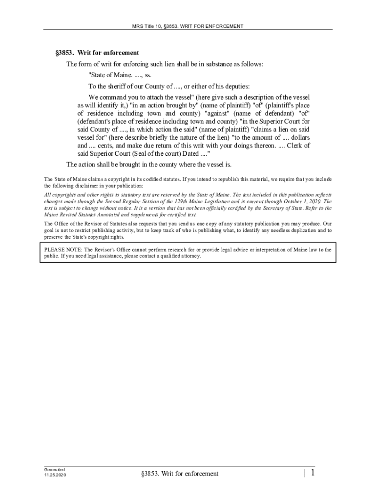 Fillable Online legislature maine 3853. Writ for enforcement 3853. Writ ...