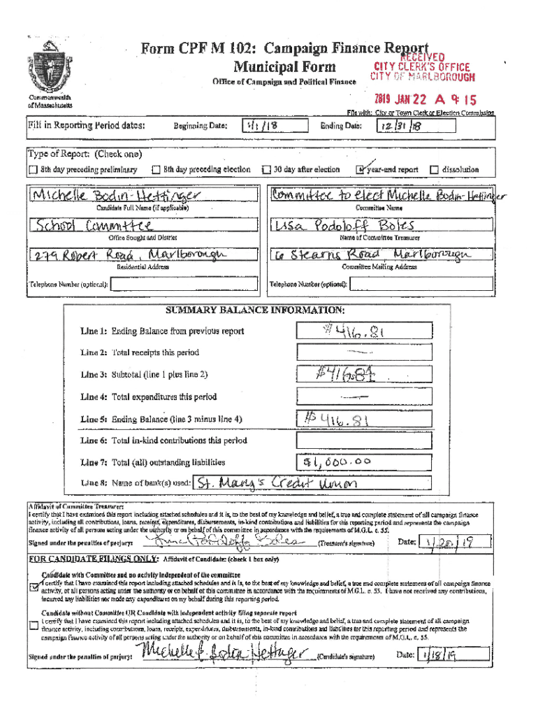 Fillable Online . Form CPF M 102: ?mpaign Finance ReM:YvEo . Municipal ...