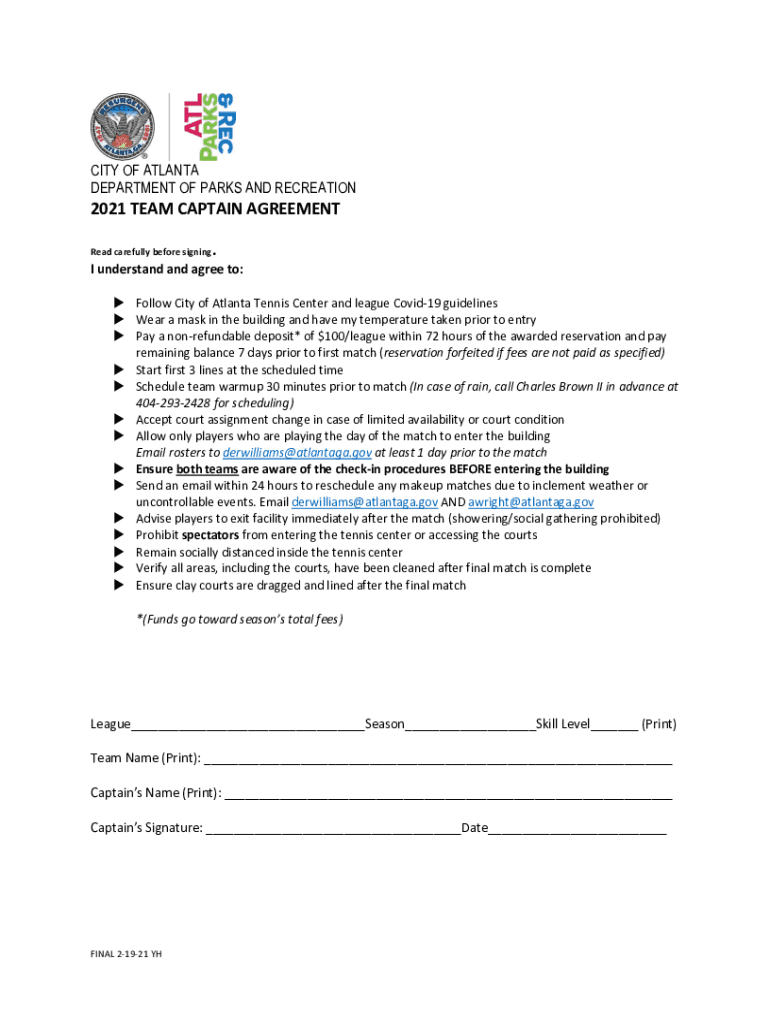 Fillable Online 2021 TEAM CAPTAIN AGREEMENT Fax Email Print - pdfFiller
