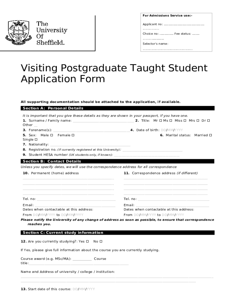 Visiting Postgraduate Taught Student Application Doc Template | pdfFiller