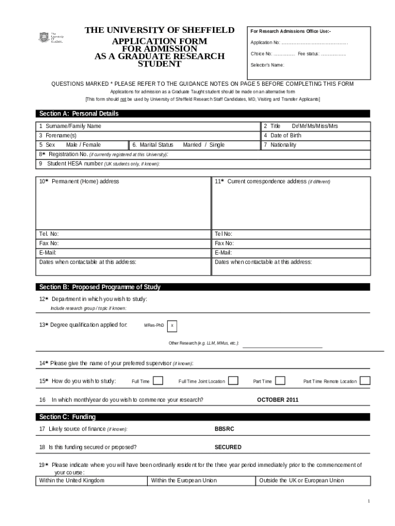 THE UNIVERSITY OF SHEFFIELD. Research Admissions Application Doc ...