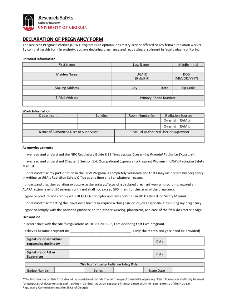 Fillable Online DECLARATION OF PREGNANCY FORM - University of Georgia ...