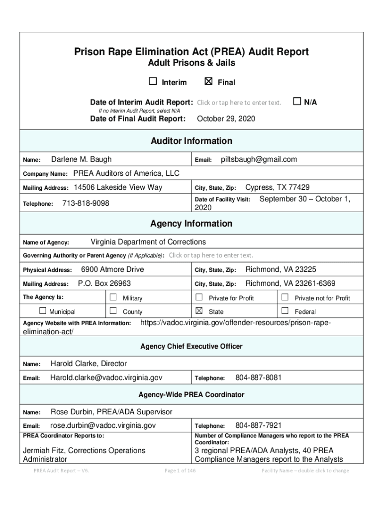 Fillable Online vadoc virginia Prison Rape Elimination Act (PREA) Audit Report - South ... Fax ...