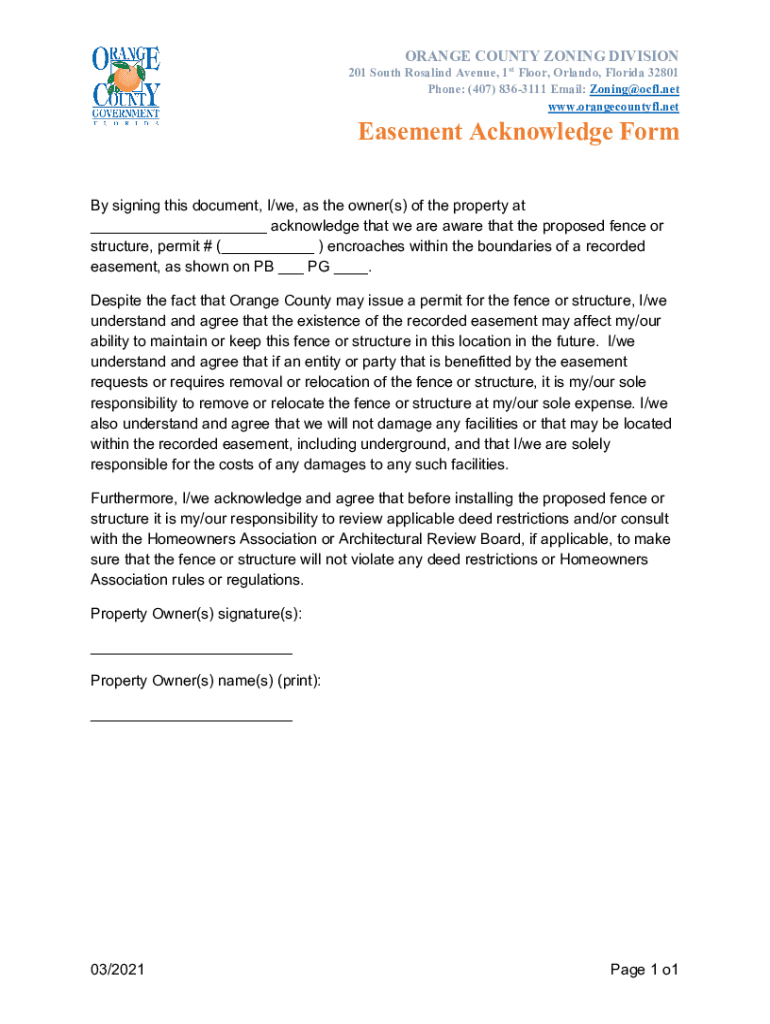 FL Easement Acknowledgement Form - Orange County 2021-2022 - Fill and ...