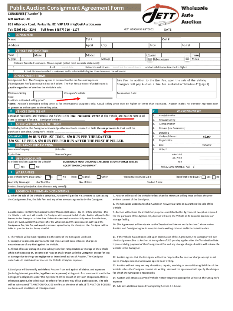 Fillable Online Public Auction Consignment Agreement Form Fax Email ...