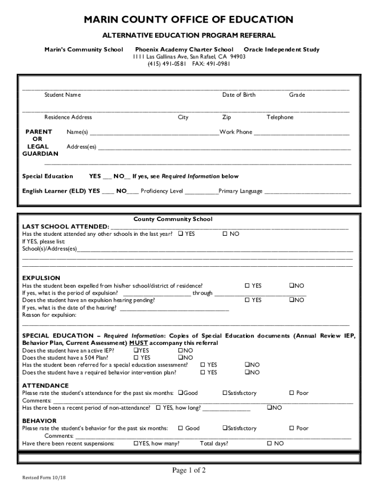 Fillable Online Marin's Community School / Homepage - Marin County ...