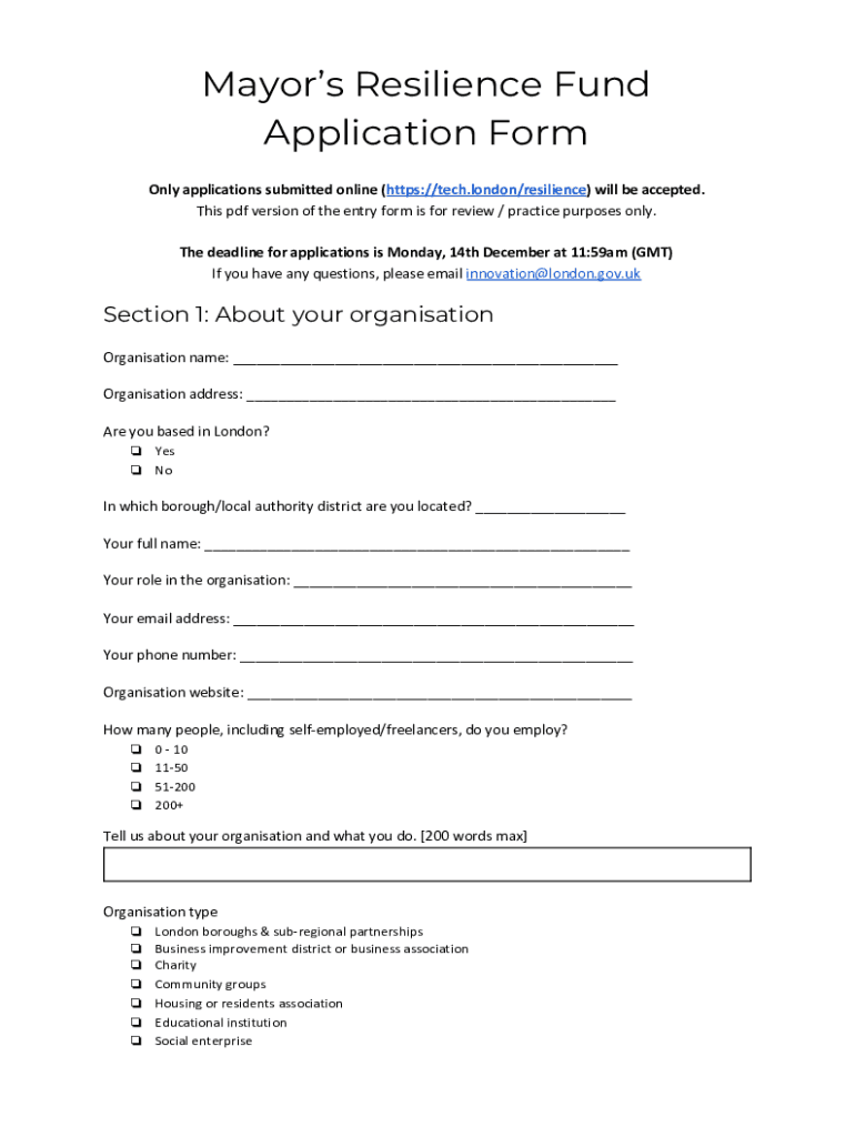 Fillable Online Mayors Resilience Fund Application Form - Challenges ...