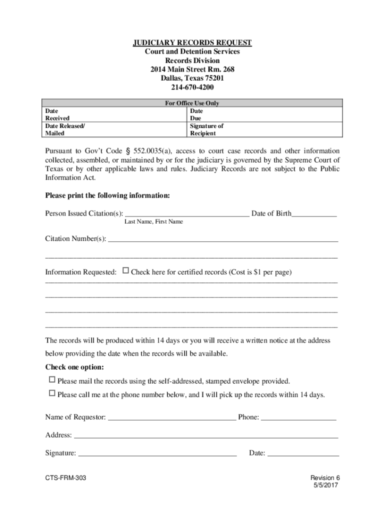 Fillable Online JUDICIARY RECORDS REQUEST Court and Detention Services ...