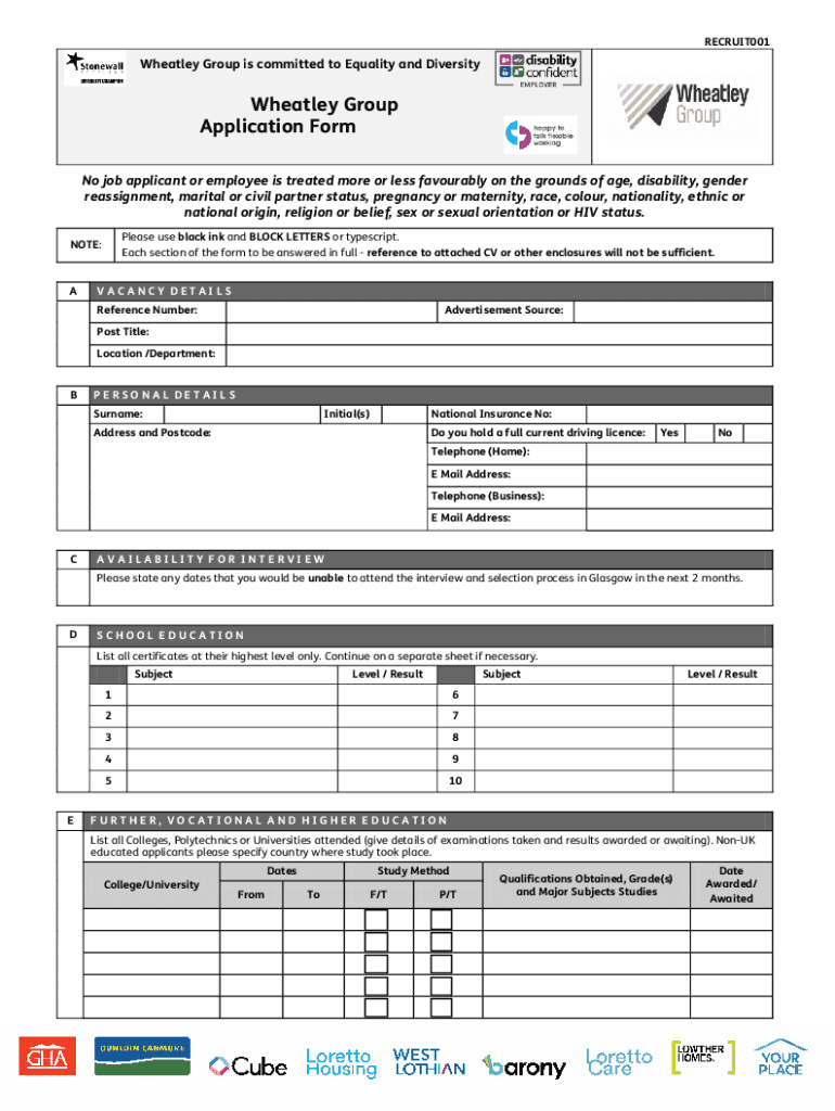 Fillable Online Wheatley Group job application form. Job application ...