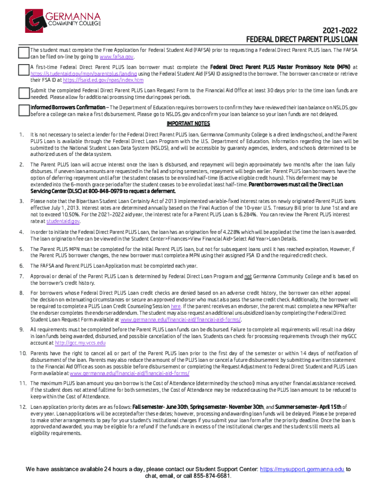 Fillable Online 2021 2022 Federal Direct Parent PLUS Loan Application ... Fax Email Print ...