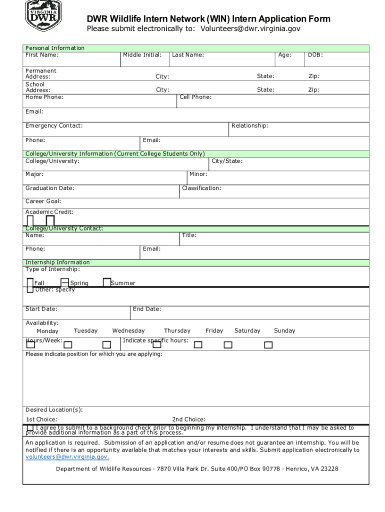 Fillable Online DWR Wildlife Intern Network (WIN) Intern Application ...