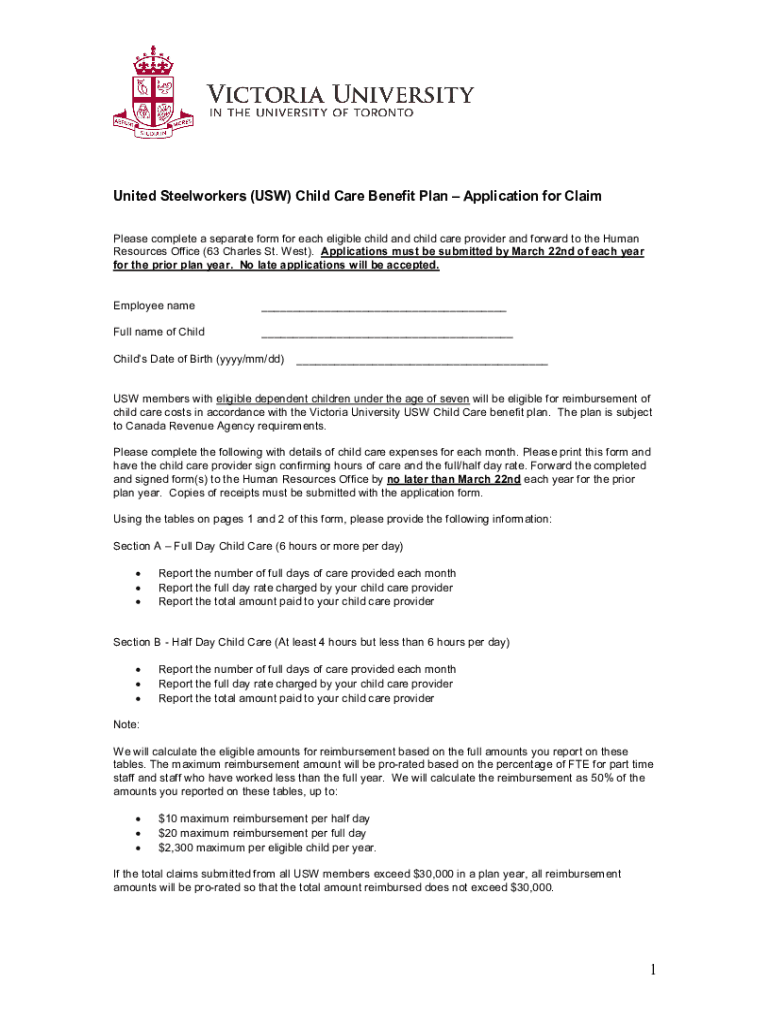 Fillable Online Child Care Benefit Claim Form USW 2019 Fax Email Print ...