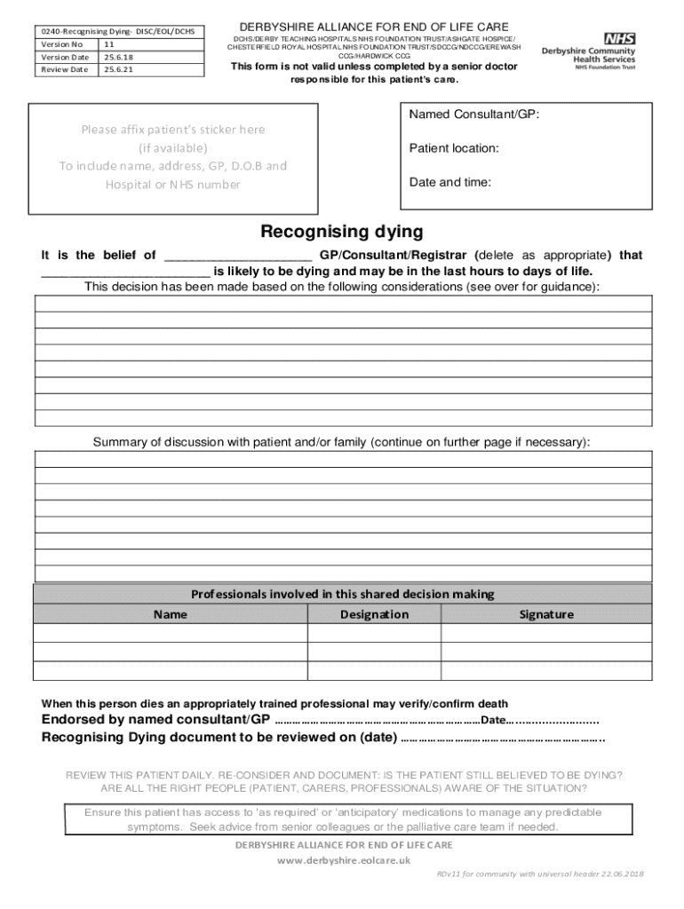 Fillable Online Derbyshire Alliance for End of Life Care - Recognising ...