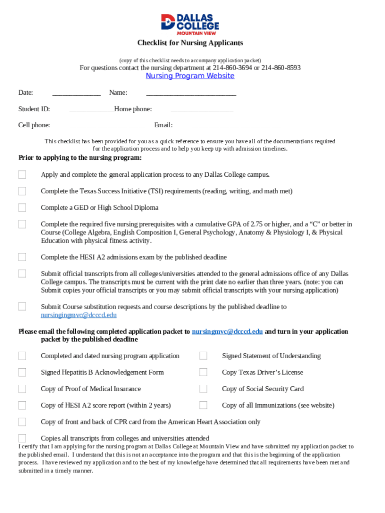 Dallas College Mountain View Nursing Application Checklist One Doc ...