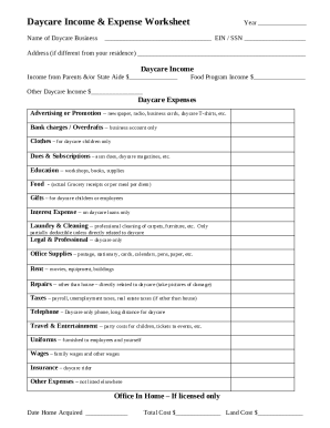 Daycare Income & Expense Worksheet Doc Template | pdfFiller