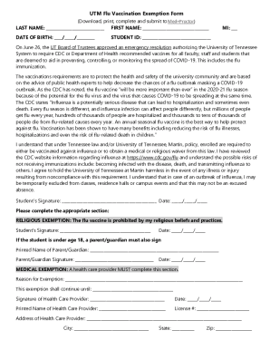 Fillable Online UTM Flu Vaccination Exemption Form Fax Email Print ...