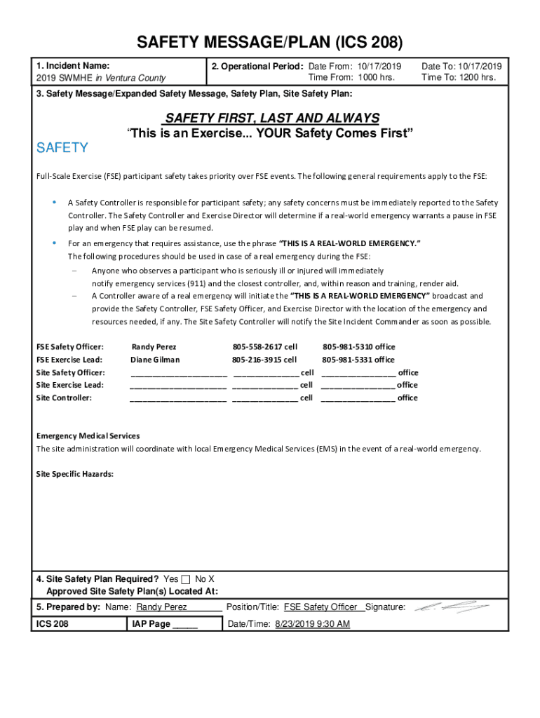Fillable Online PDF ICS Form 208, Safety Plan/Message - FEMA Training ...
