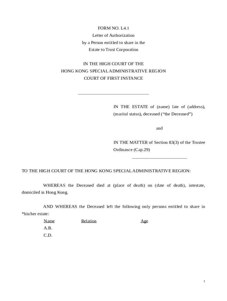 Hong Kong Judiciary - Application for Letters of ... Doc Template ...