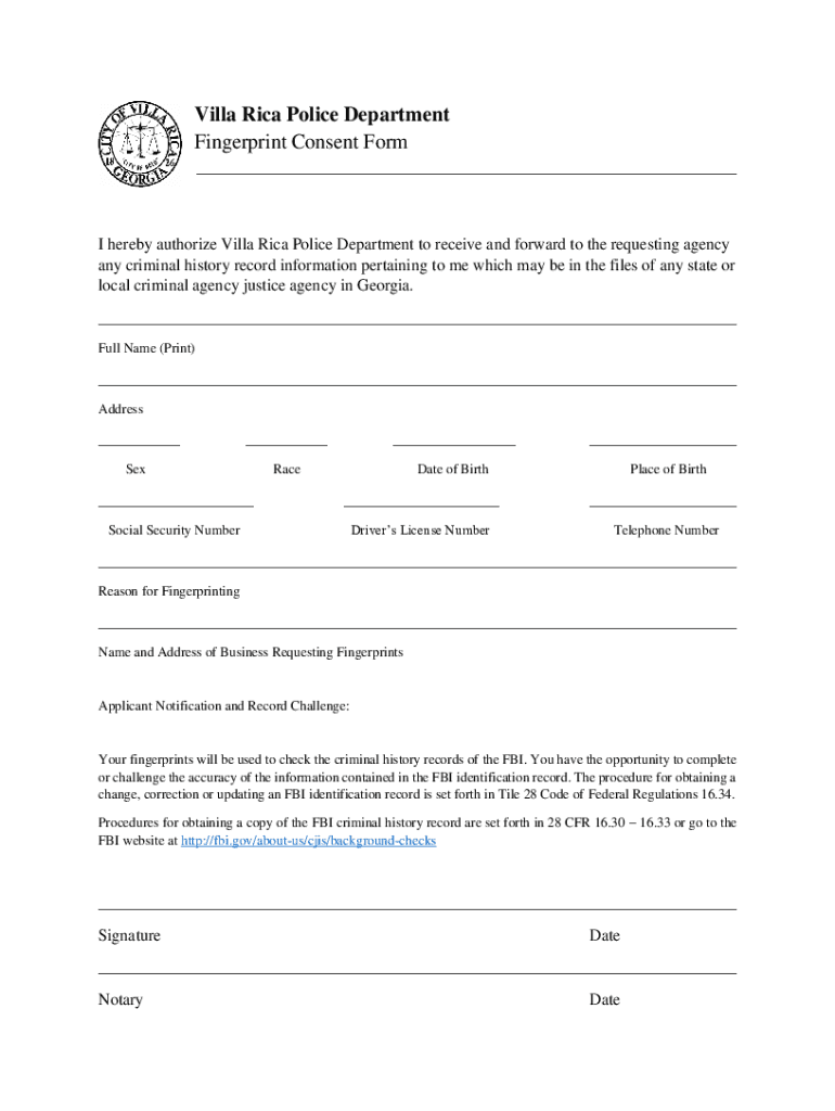 Fillable Online Villa Rica Police Department Fingerprint Consent Form ...