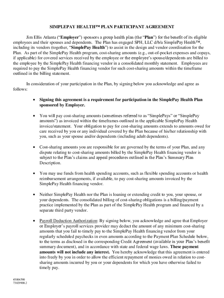 Fillable Online SIMPLEPAY HEALTH PLAN PARTICIPANT AGREEMENT Employer ...