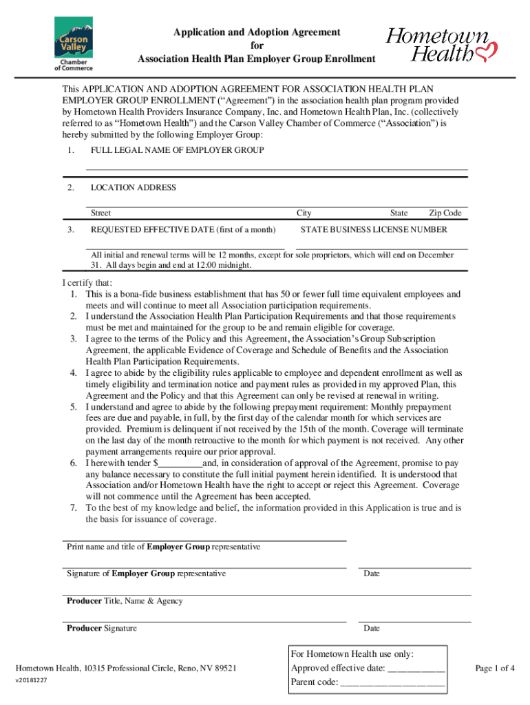 Fillable Online Application and Adoption Agreement - Hometown Health ...