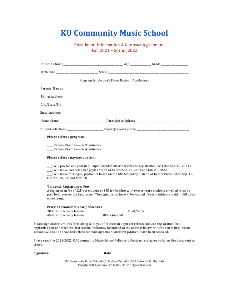 Fillable Online music ku Enrollment Form and Contract Agreement 2021-22 ...