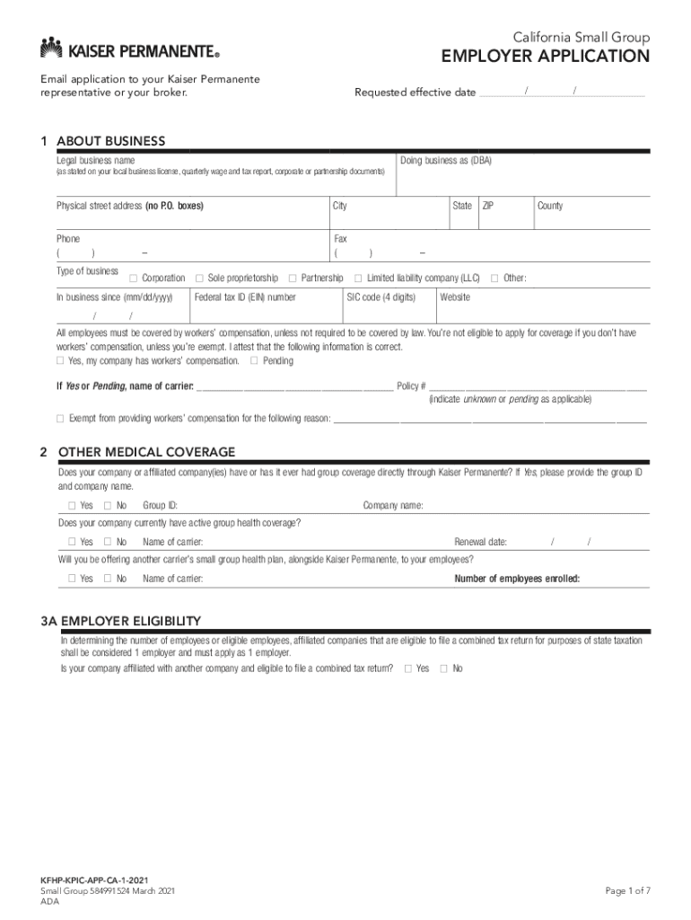 Fillable Online PDF California Small Group EMPLOYER APPLICATION - Kaiser ... Fax Email Print ...