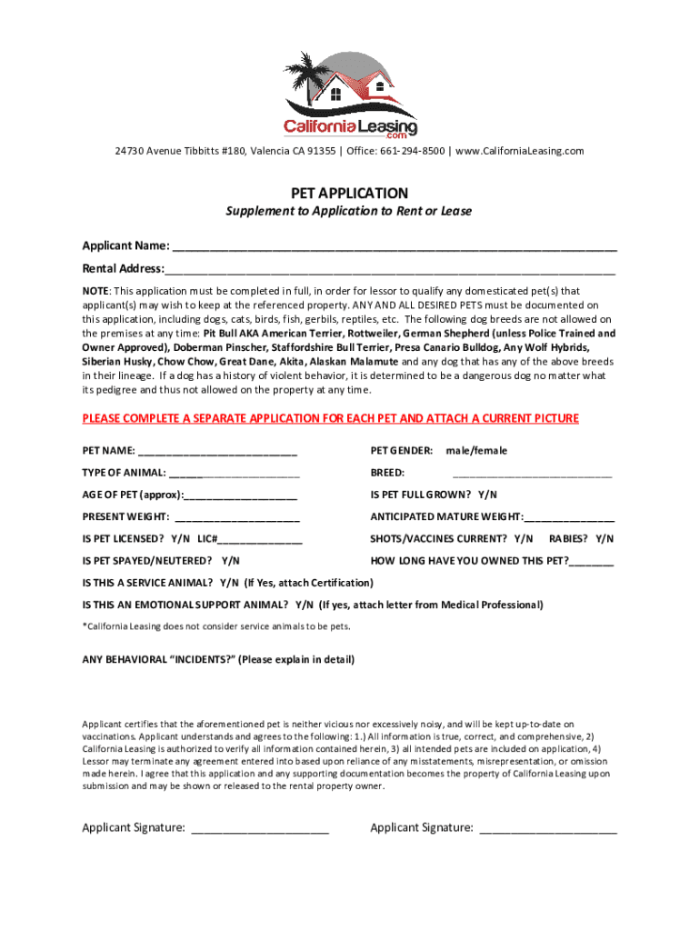 Fillable Online PET APPLICATION - California Leasing Fax Email Print - pdfFiller