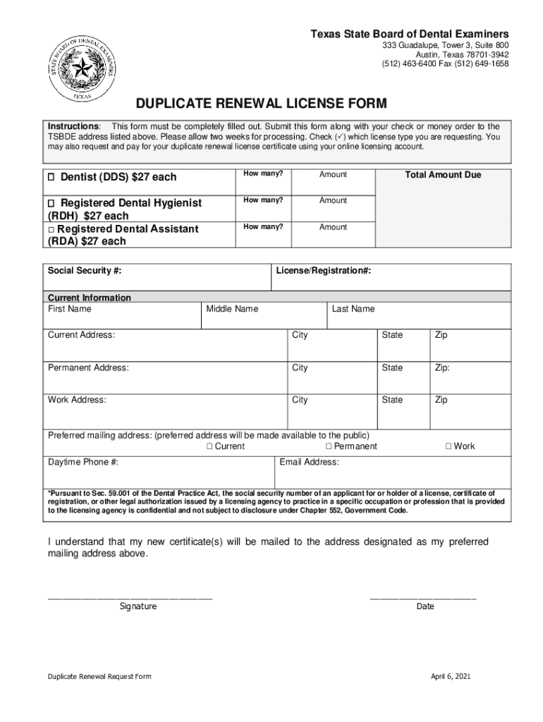 Fillable Online tsbde texas DUPLICATE RENEWAL LICENSE FORM Fax Email ...