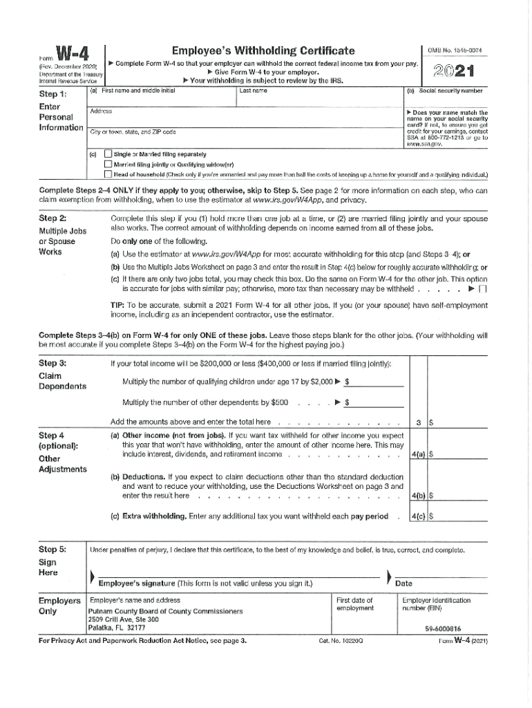 Fillable Online W4 Employee's Withholding Certificate 21 - Putnam ...