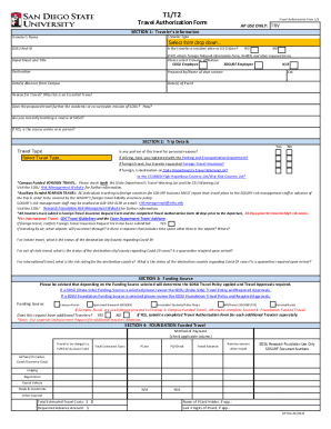 Fillable Online bfa sdsu T1/T2 Travel Authorization Form TRV AP USE ...