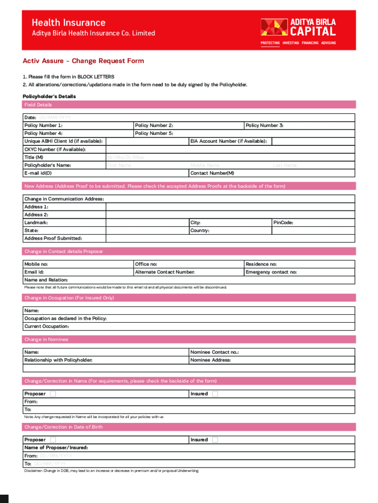 Fillable Online Activ Assure Change Request Form - Aditya Birla Capital Fax Email Print - pdfFiller