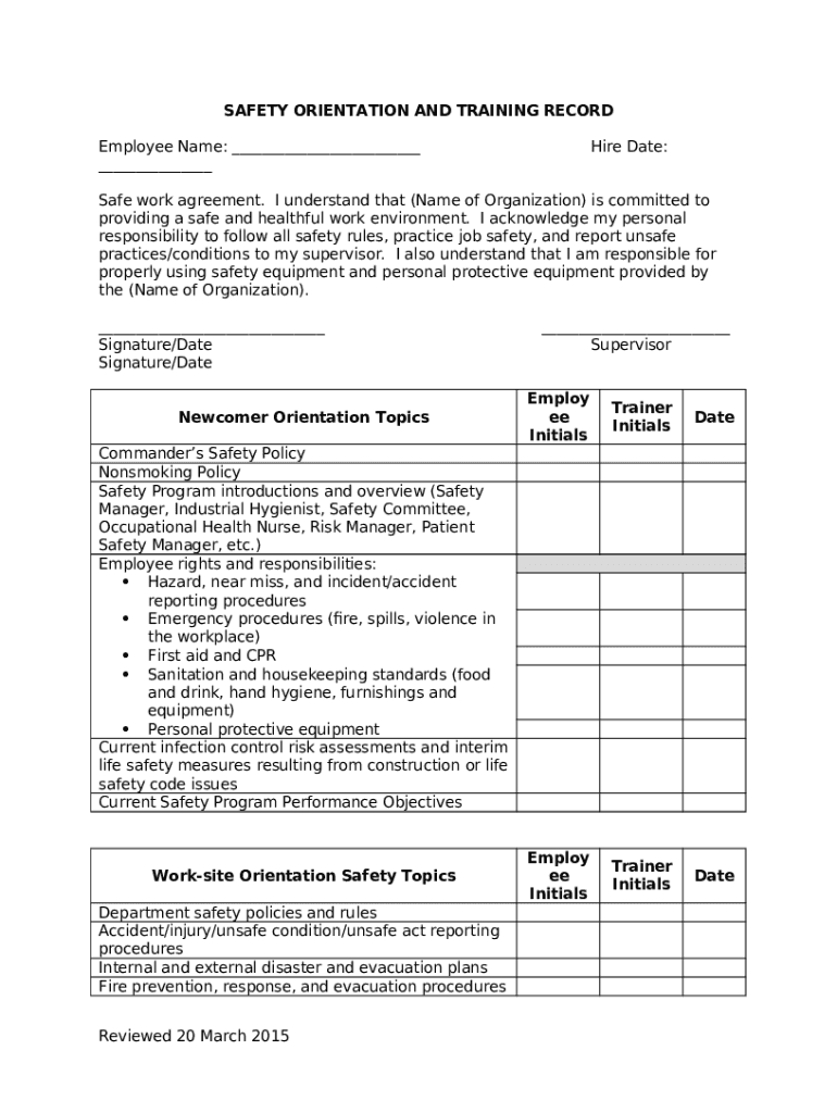Medical Safety Template - Safety Orientation and Training Record Doc ...
