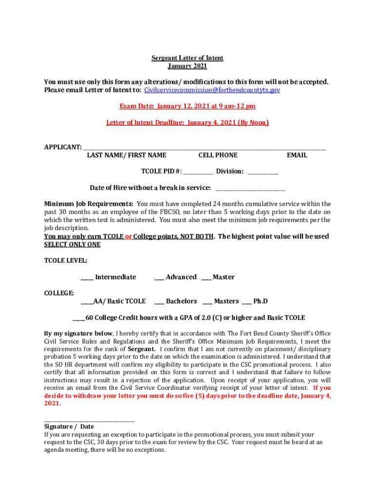 Fillable Online Sergeant Letter of Intent January 2021 You must use ...