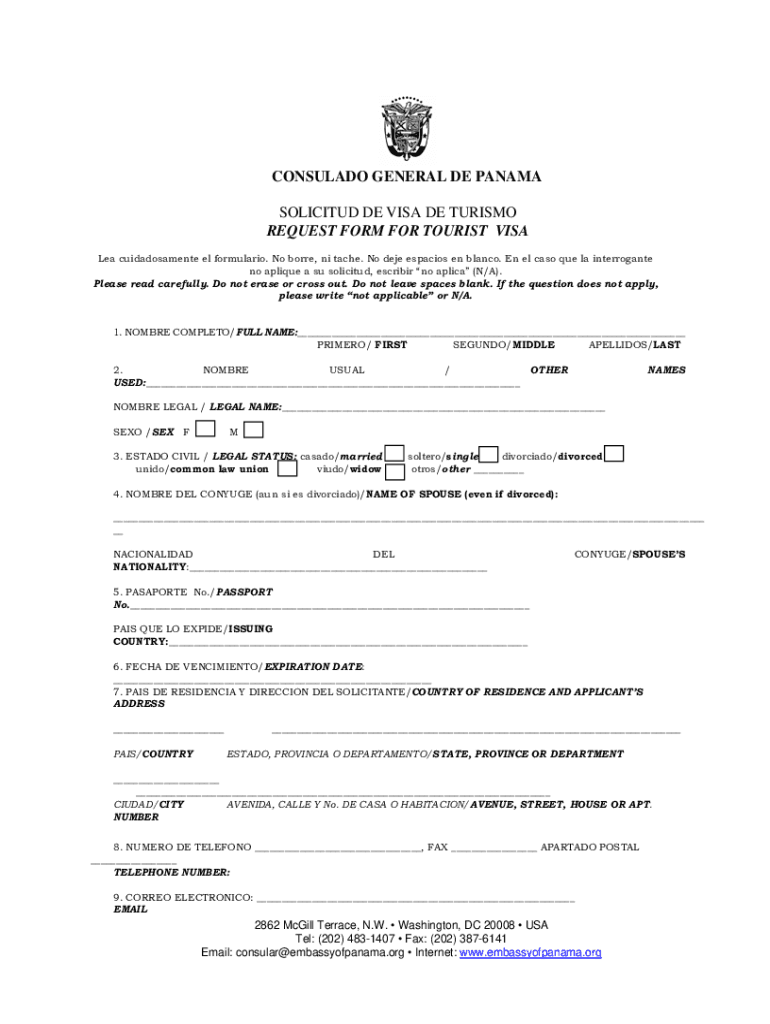 Fillable Online www.passportvisasexpress.comdocumentspanamaSOLICITUD DE VISA DE TURISMO REQUEST ...