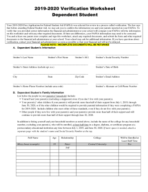 Fillable Online 2019 - 2020 Verification Worksheet dependent Study Fax Email Print - pdfFiller
