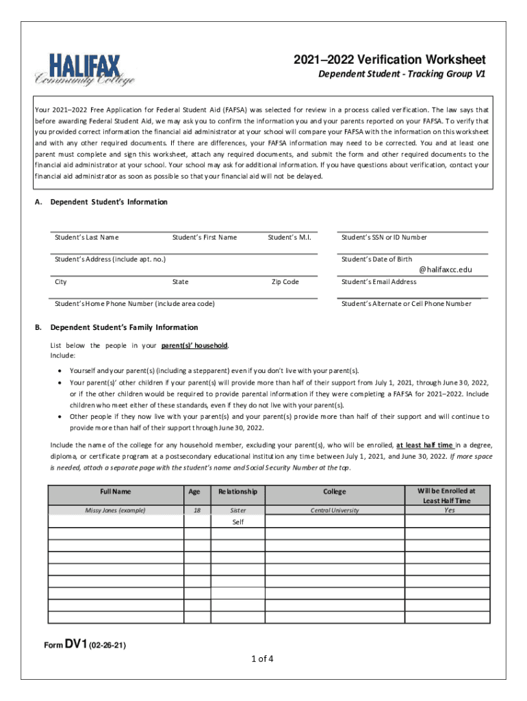 Fillable Online 20212022 Verification Worksheet - Halifax Community College Fax Email Print ...