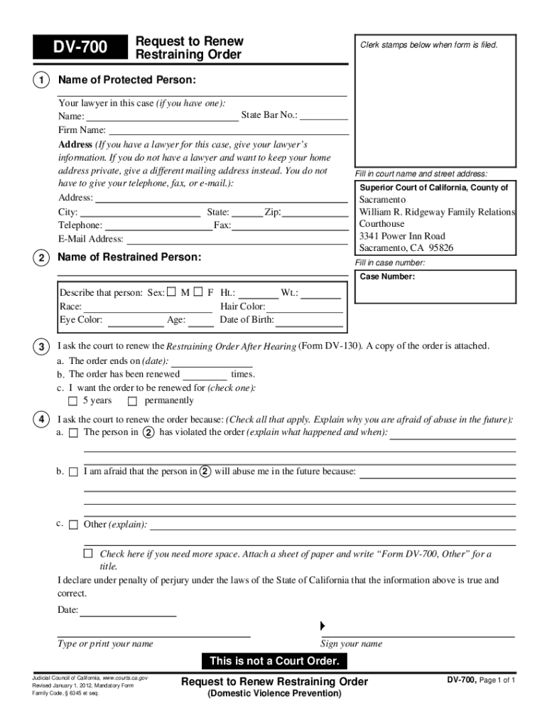 Fillable Online Cover Sheet: Request to Renew Restraining Order ...