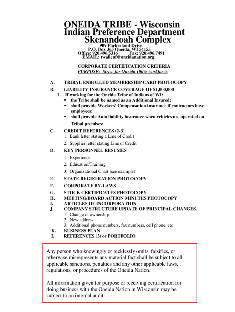 Fillable Online ONEIDA TRIBE - Wisconsin Indian Preference Department ...
