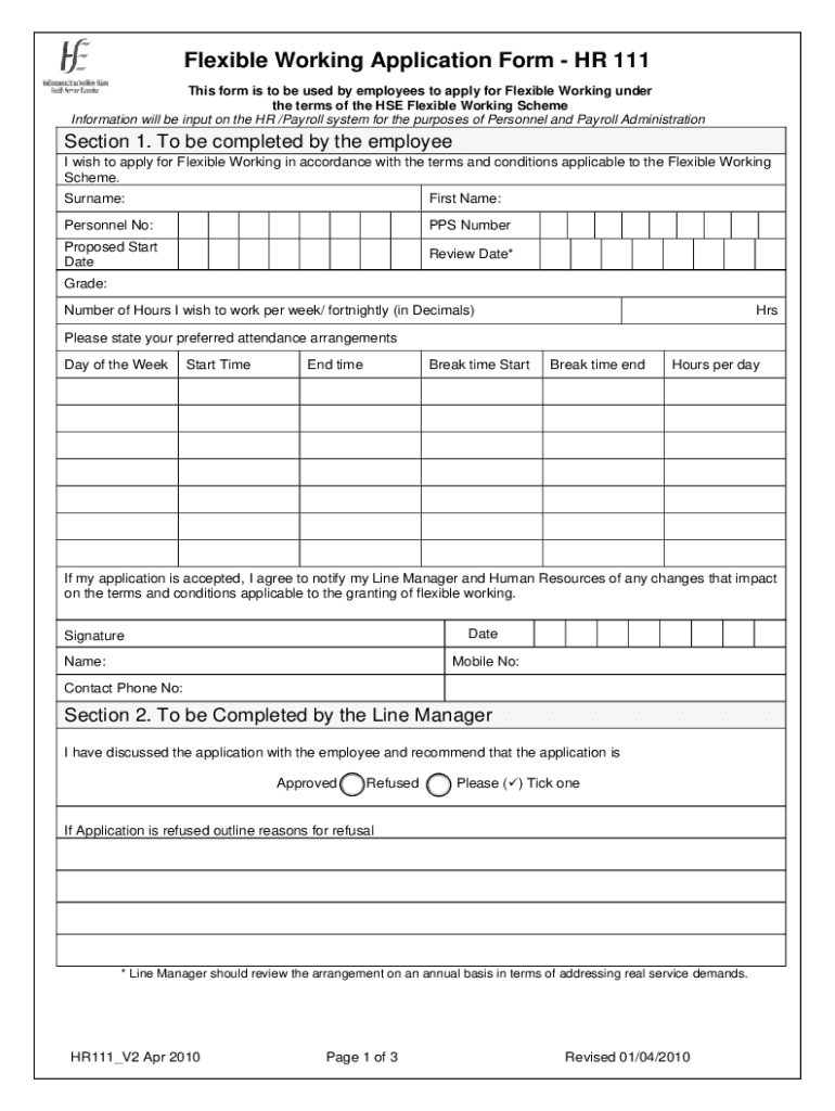 Fillable Online Fillable Online HR111 Flexible Working form Fax Email ...