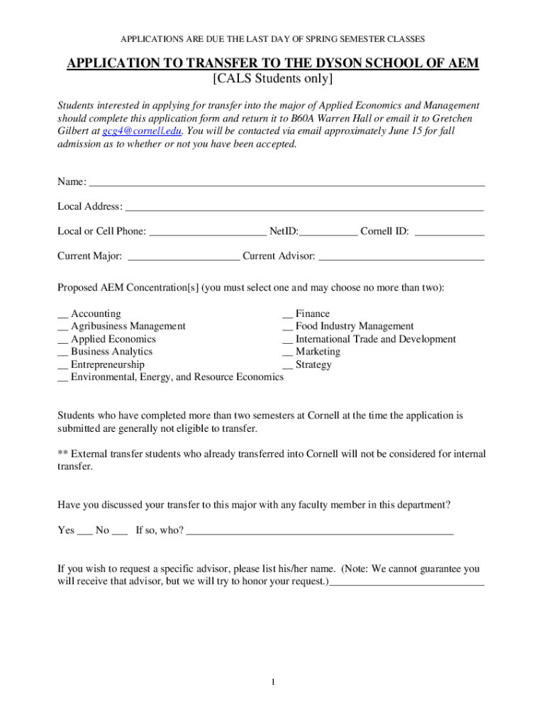 Fillable Online publications dyson cornell APPLICATION TO TRANSFER TO ...