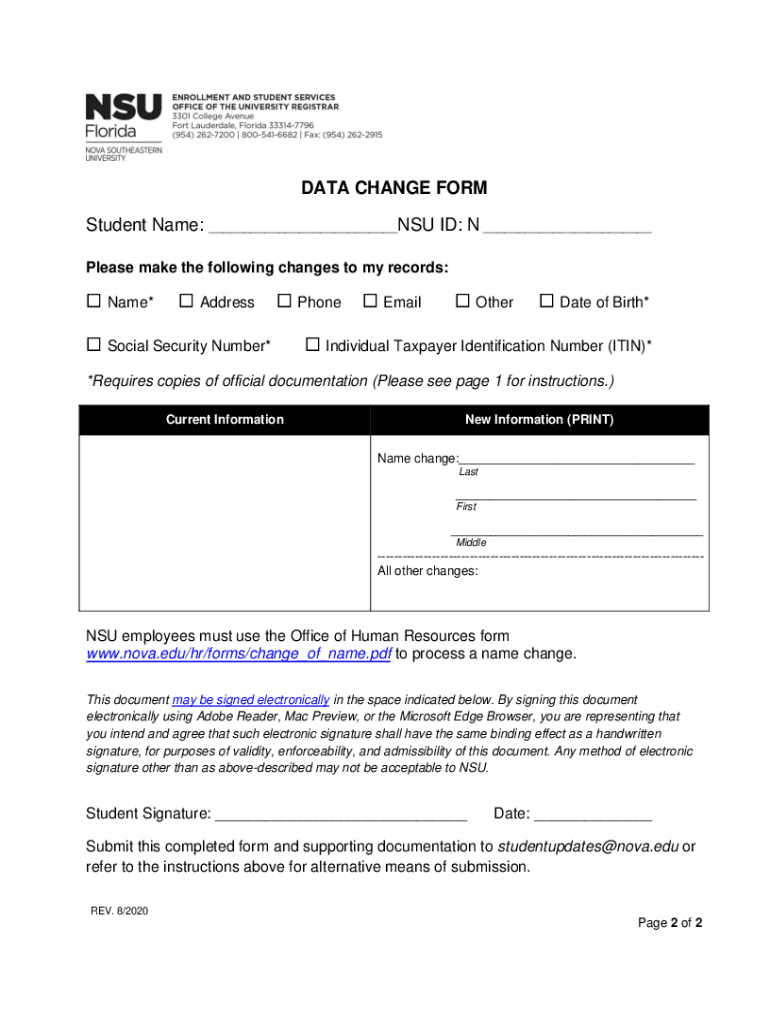 Fillable Online DATA CHANGE FORM INSTRUCTIONS - Nova Southeastern ...