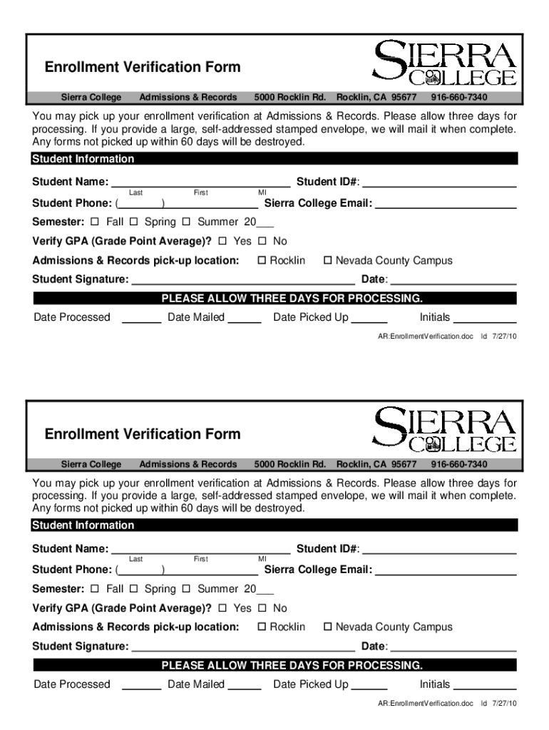 Fillable Online Enrollment Verification Form. Enrollment Verification ...