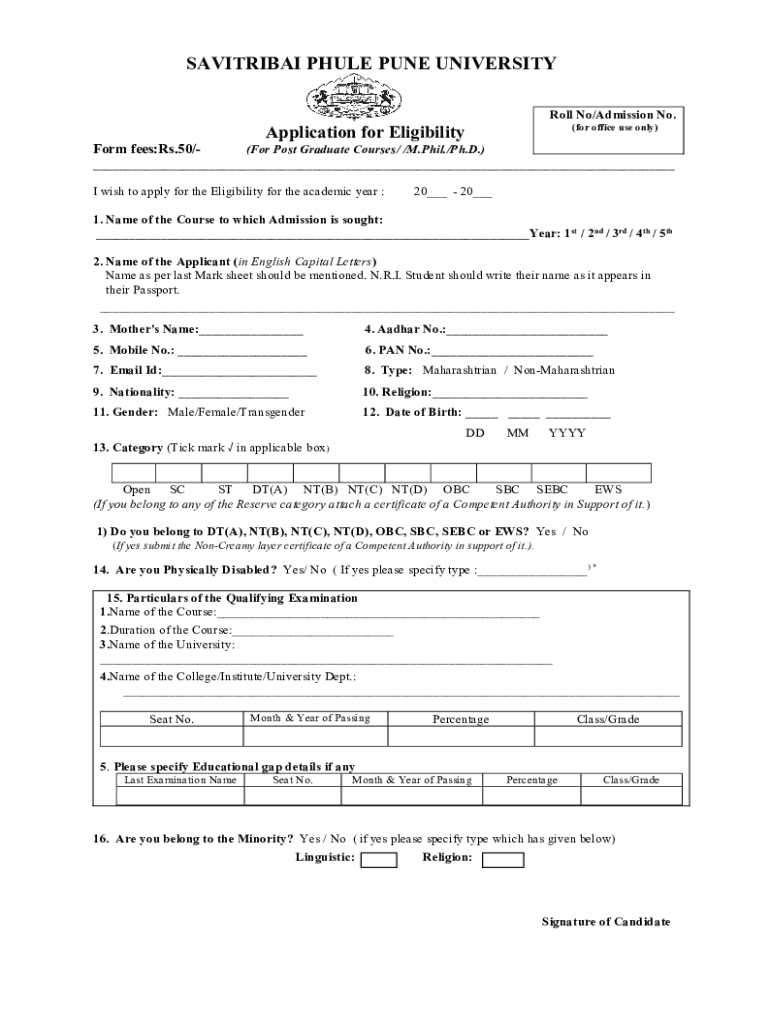Fillable Online bcud unipune ac Eligibility Form - Pune University ...