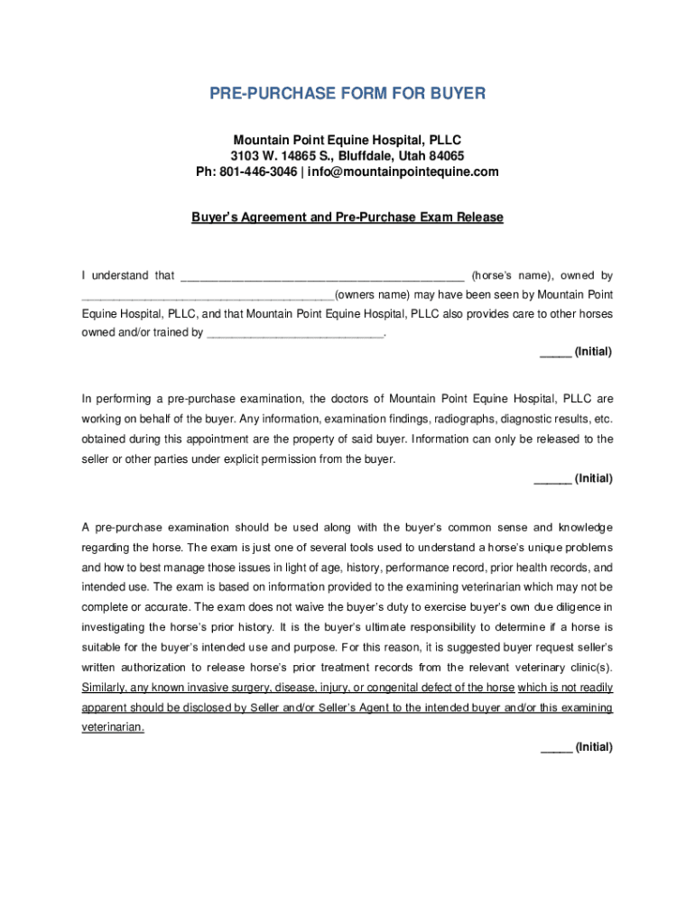 Fillable Online PRE-PURCHASE FORM FOR BUYER - Mountain Point Equine Fax ...